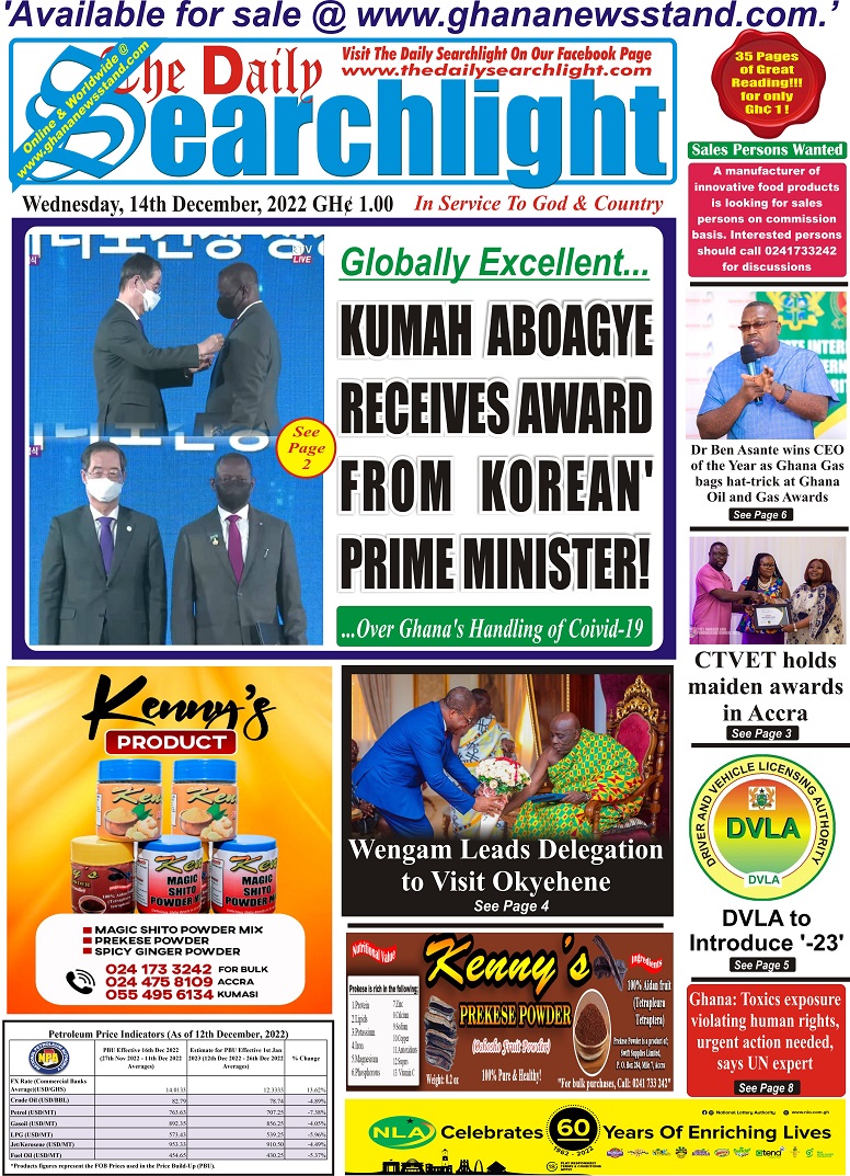 Daily Searchlight, Wednesday, 14th December, 2022 - Ghana News Stand