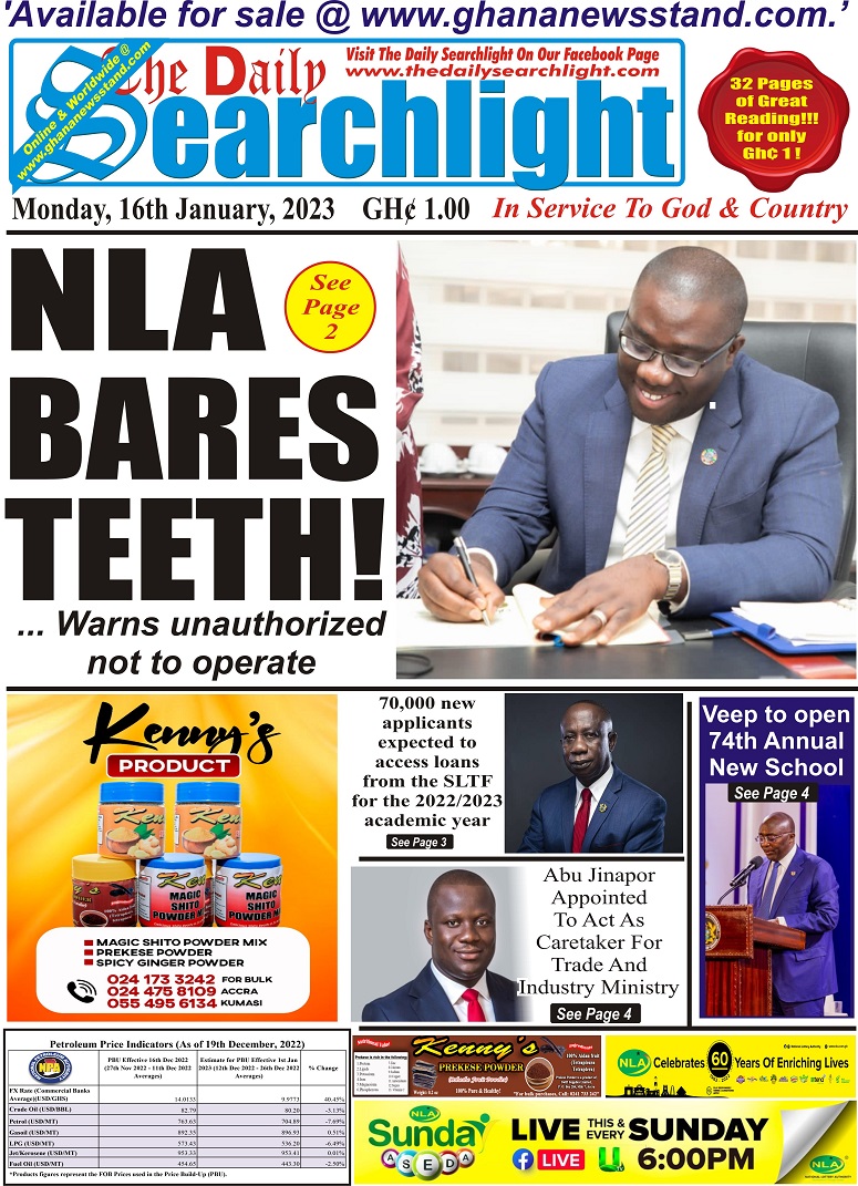 Daily Searchlight, Monday 16th Jan. 2023 - Ghana News Stand