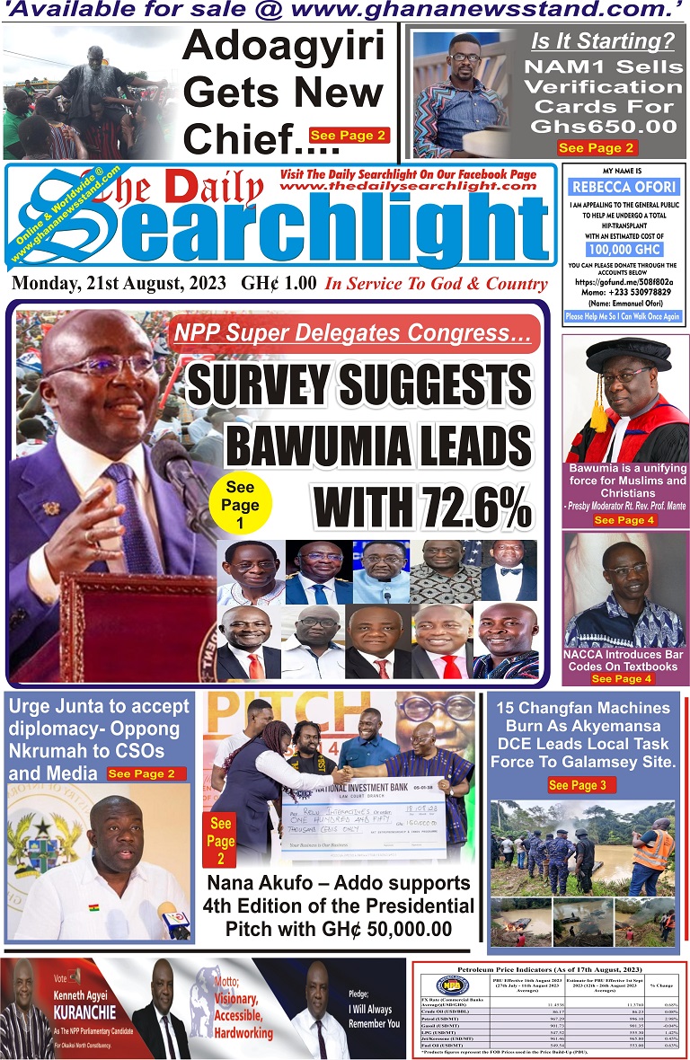 Daily Searchlight, Monday, 21st August, 2023 - Ghana News Stand