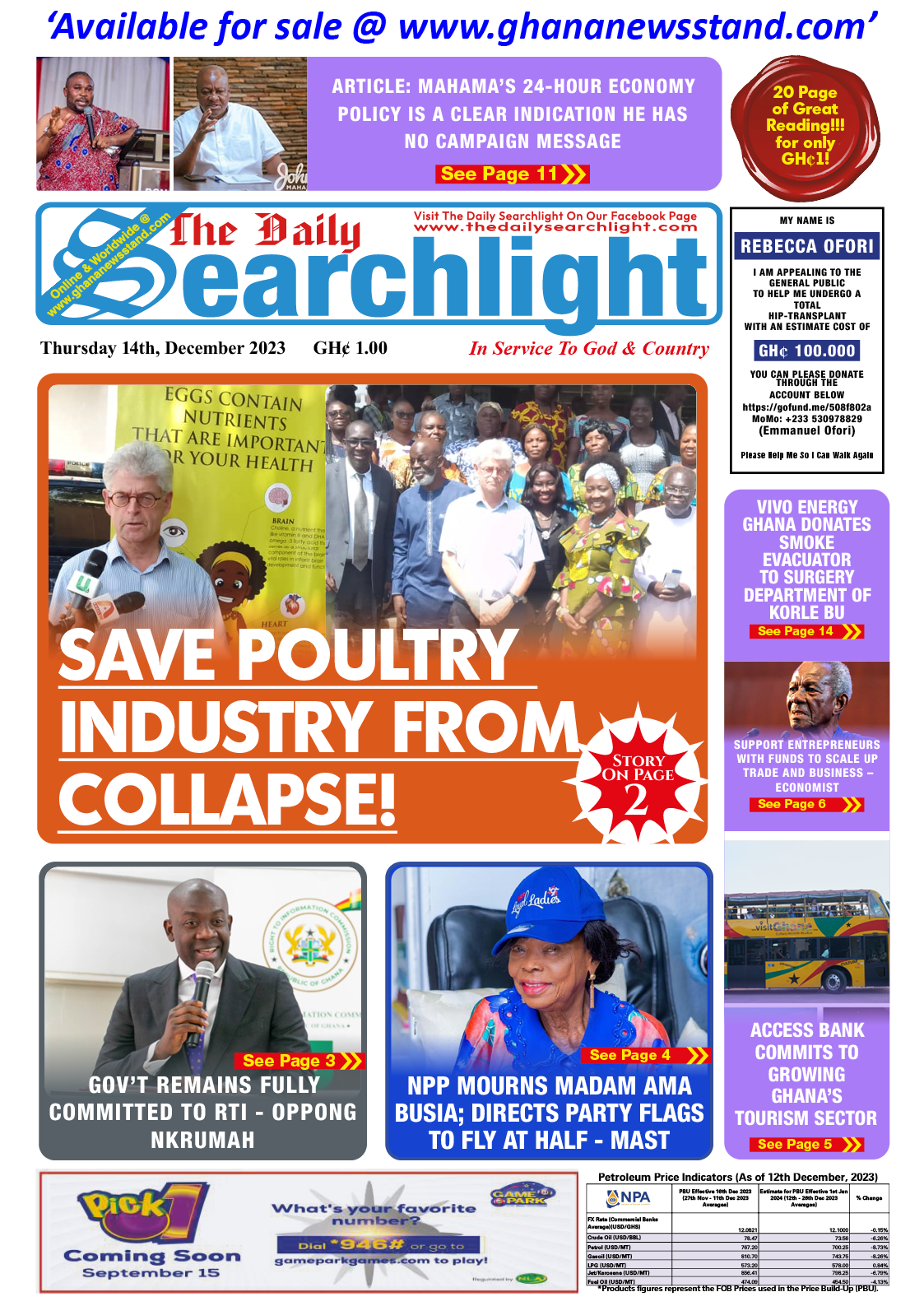 Daily Searchlight, Thursday, 14th December, 2023 – Ghana News Stand