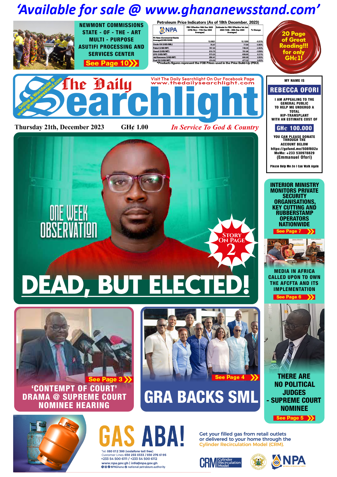 Daily Searchlight, Thursday, 21st December, 2023 – Ghana News Stand