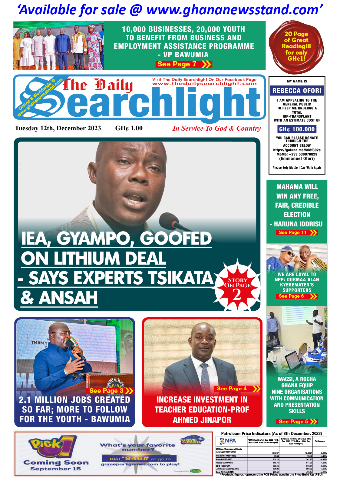 Daily Searchlight, Tuesday, 12th December, 2023 – Ghana News Stand