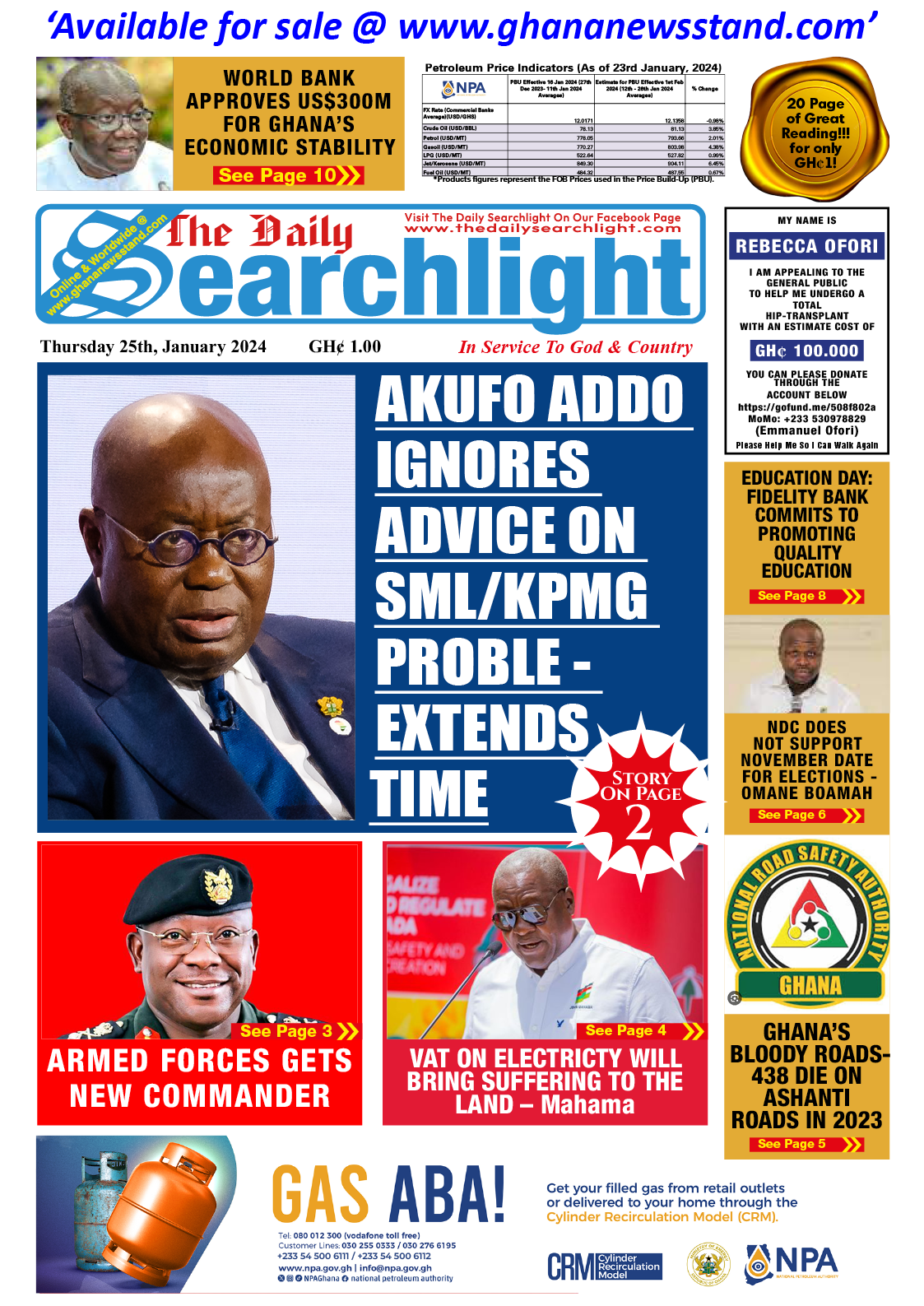 Daily Searchlight, Thursday, 25th January, 2024 – Ghana News Stand