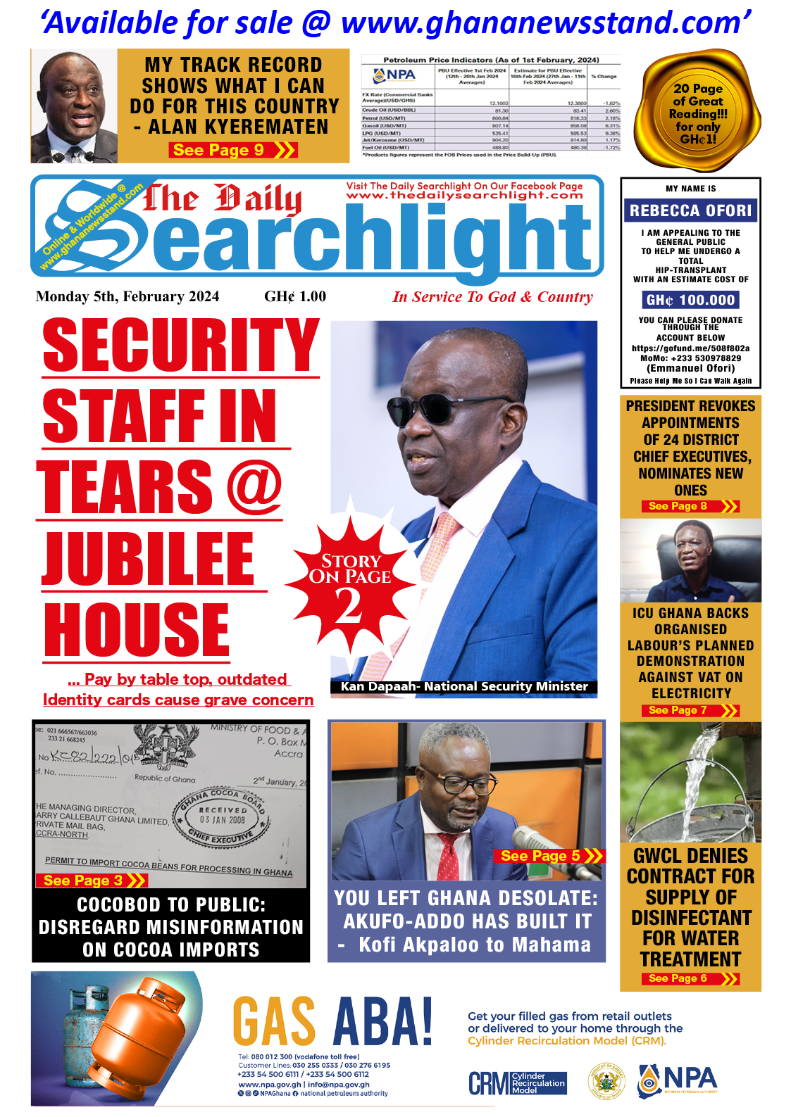 DAILY SEARCHLIGHT, Monday, 5th February, 2024 – Ghana News Stand